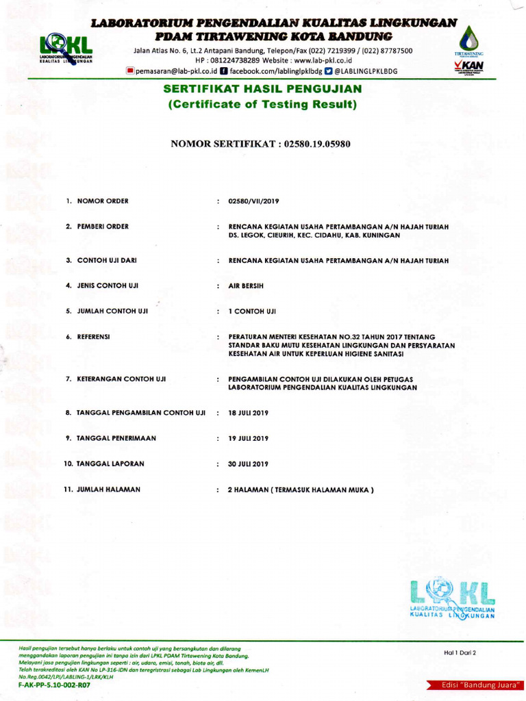 Hasil Lab Uji Air Bersih_2019 | PDF