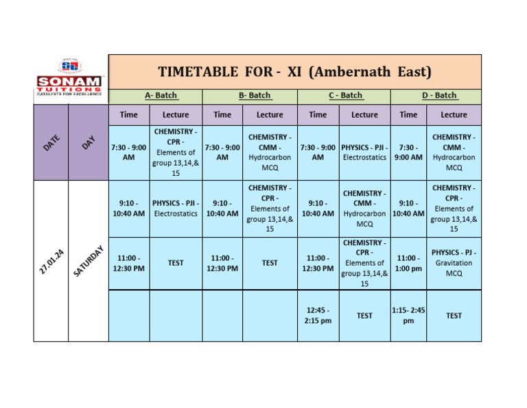 Timetable For 11th | PDF | Physical Sciences | Physics