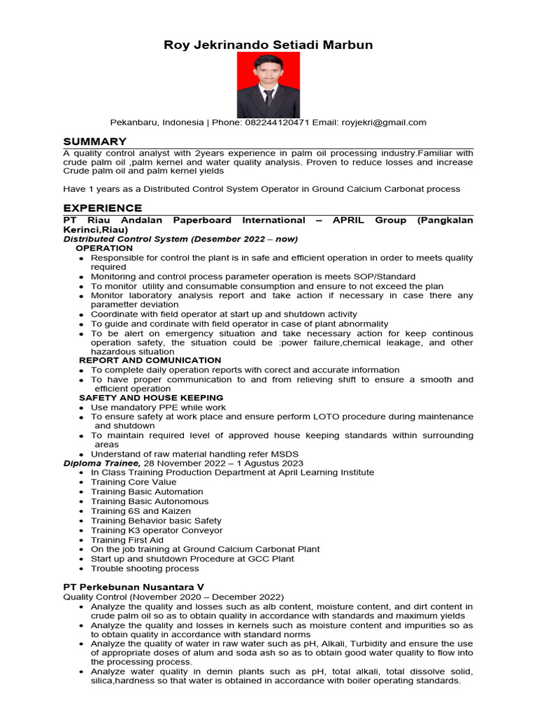 CV Roy | PDF | Water Quality | Palm Oil
