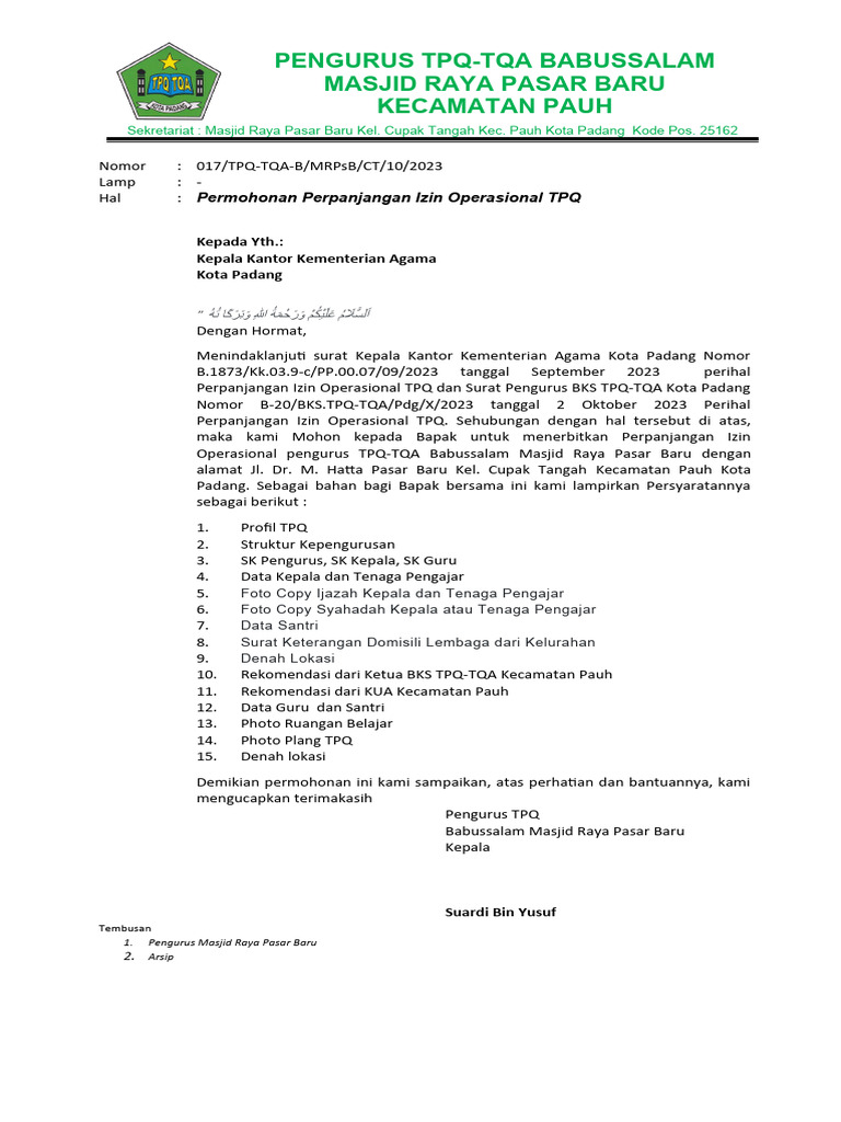 Permohonan Izin TPQ Babussalam 2023 | PDF