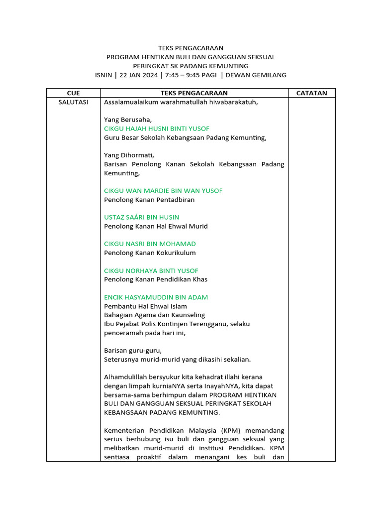 TEKS PENGACARAAN Program Kesedaran Anti Buli Dan Gangguan Seksual | PDF