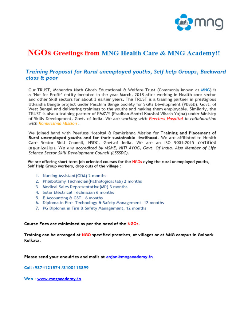 Proposal For Training Partnership With West Bengal NGOs | PDF