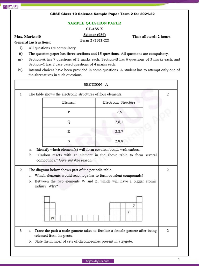 CBSE Class 10 Science Sample Paper Term 2 For 2021 22 | PDF