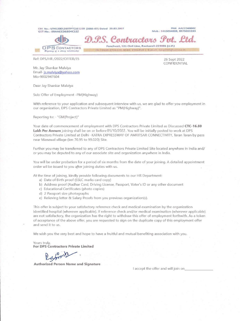 Offer Letter DPS (1) - 1 | PDF