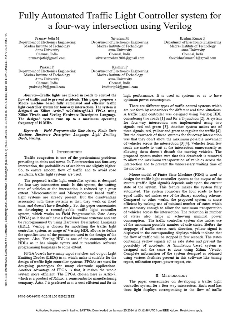 Fully Automated Traffic Light Controller System For A Four-Way Intersection Using Verilog | PDF ...