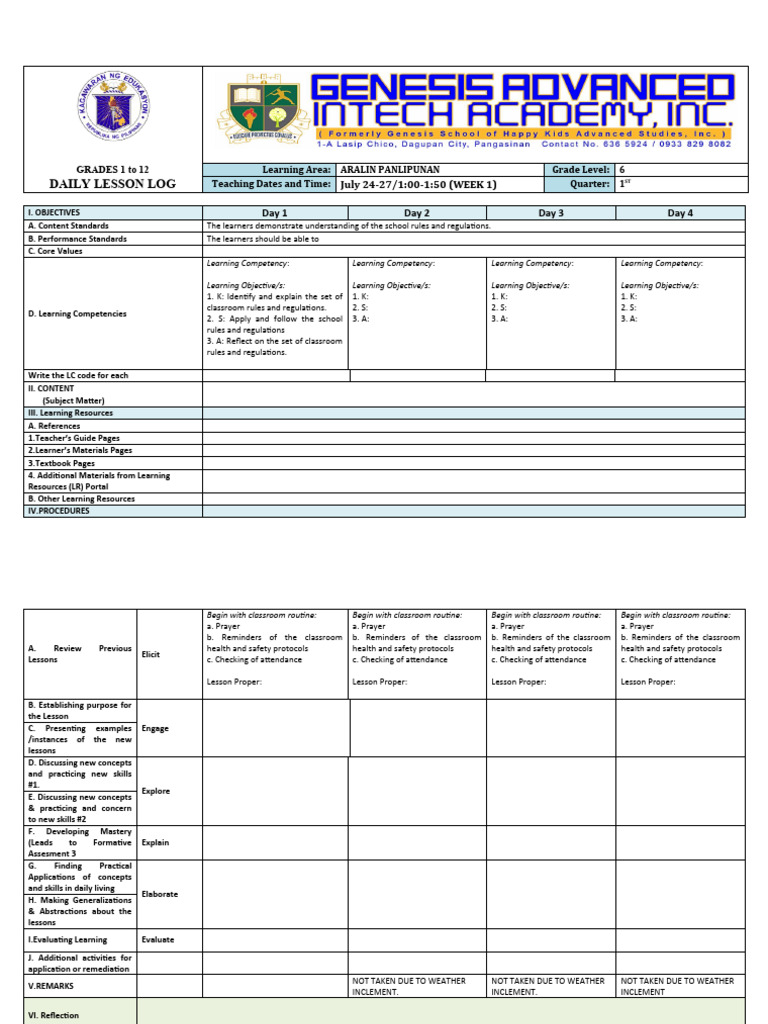 Aral-Pan 6 - DLL Week 1 | PDF | Learning | Teachers