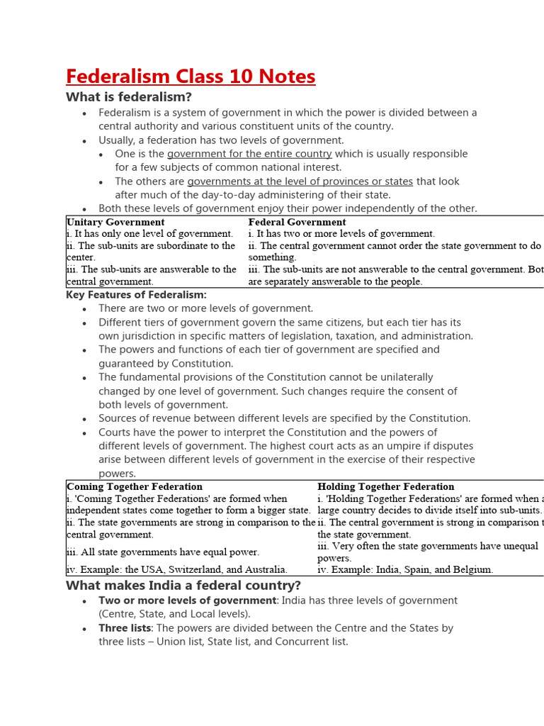 Class 10 Federalism Study Notes | PDF | Government | Governance