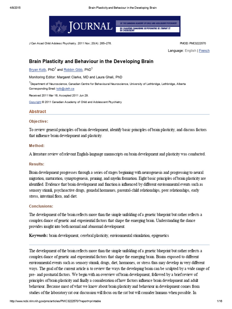 Brain Plasticity and Behaviour in The Developing Brain | PDF | Cerebral ...
