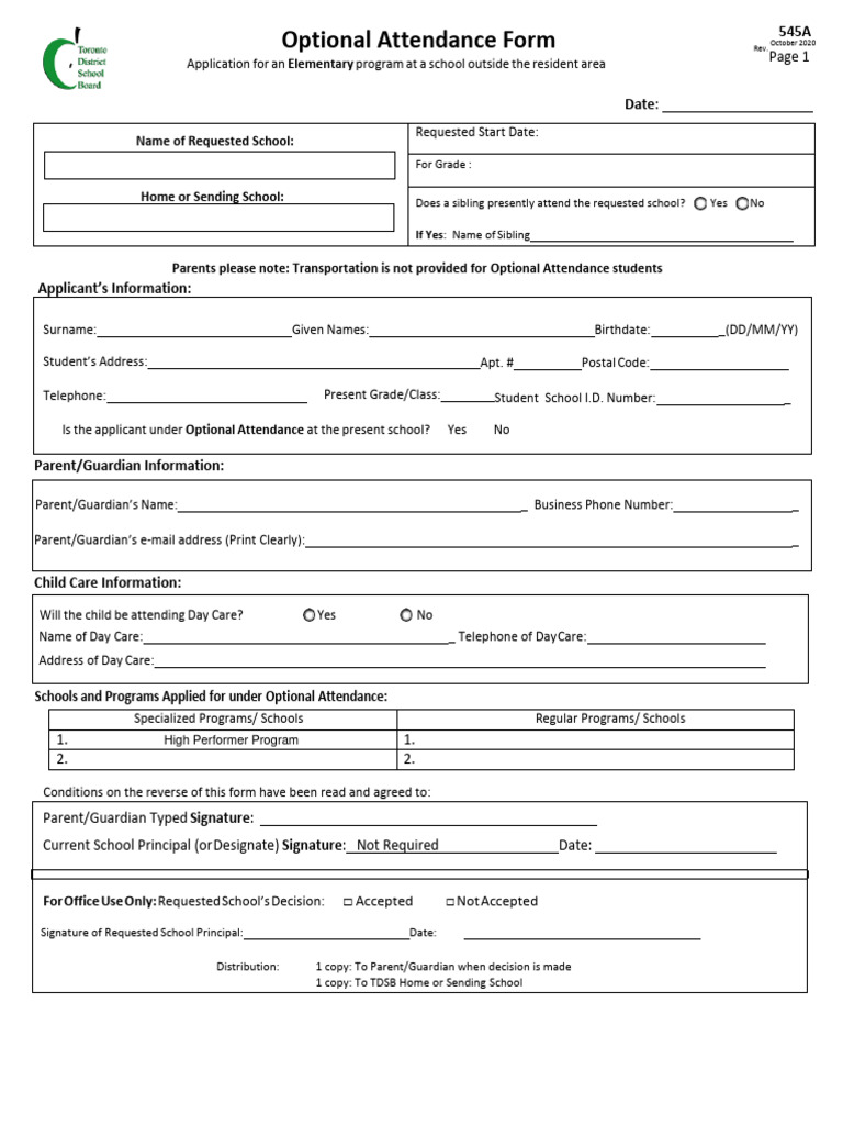 2022-2023 Optional Attendance Form - 545A | PDF | Telephony | Telecommunications