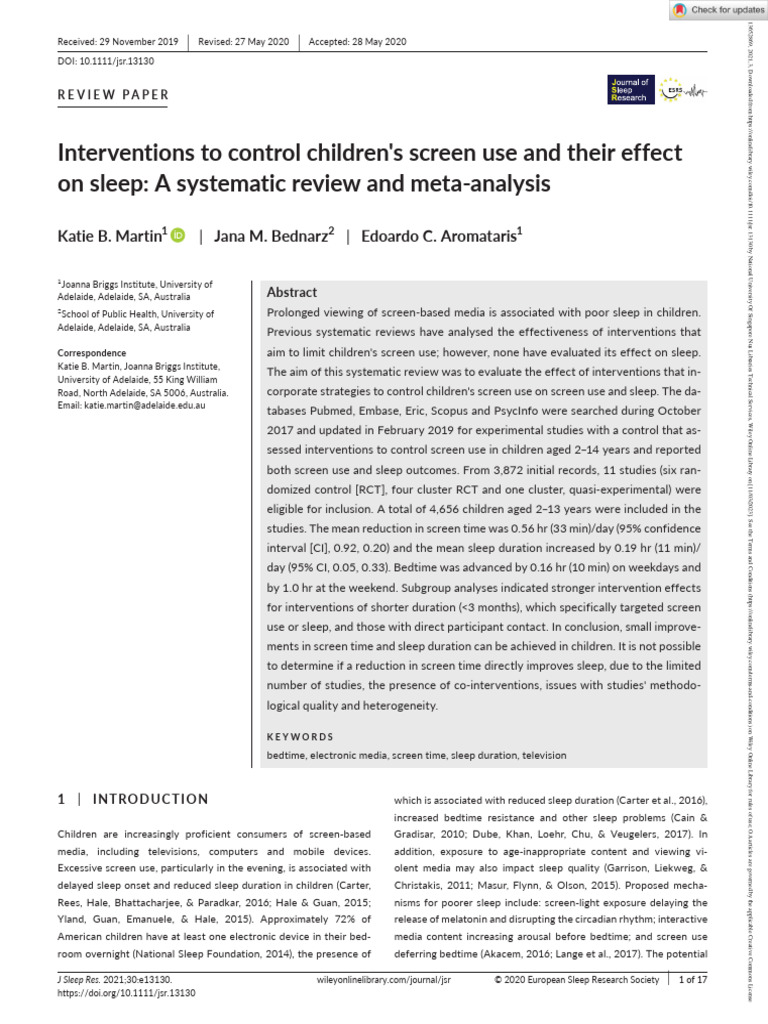 Journal of Sleep Research - 2020 - Martin - Interventions To Control ...