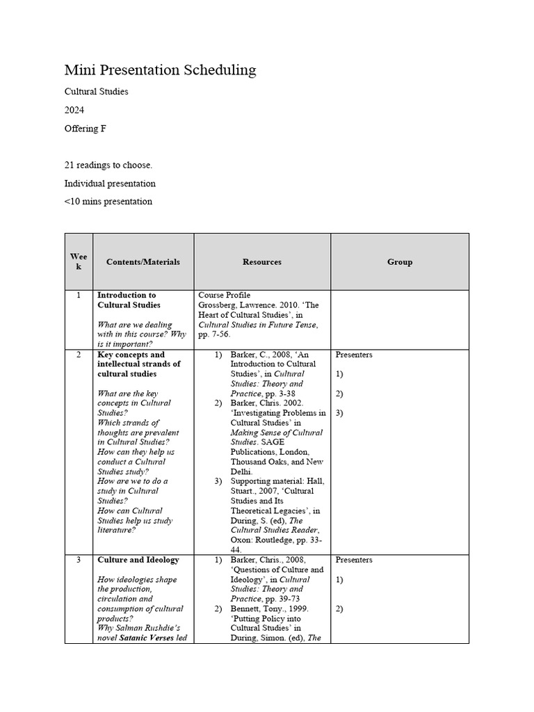 Cultural Studies Mini Presentation Guide | PDF