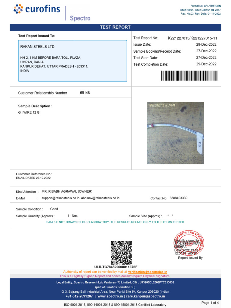 Steel Wire Test Report | PDF