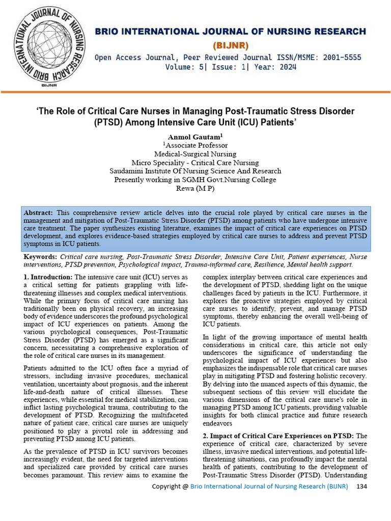 The Role of Critical Care Nurses in Managing Post-Traumatic Stress ...