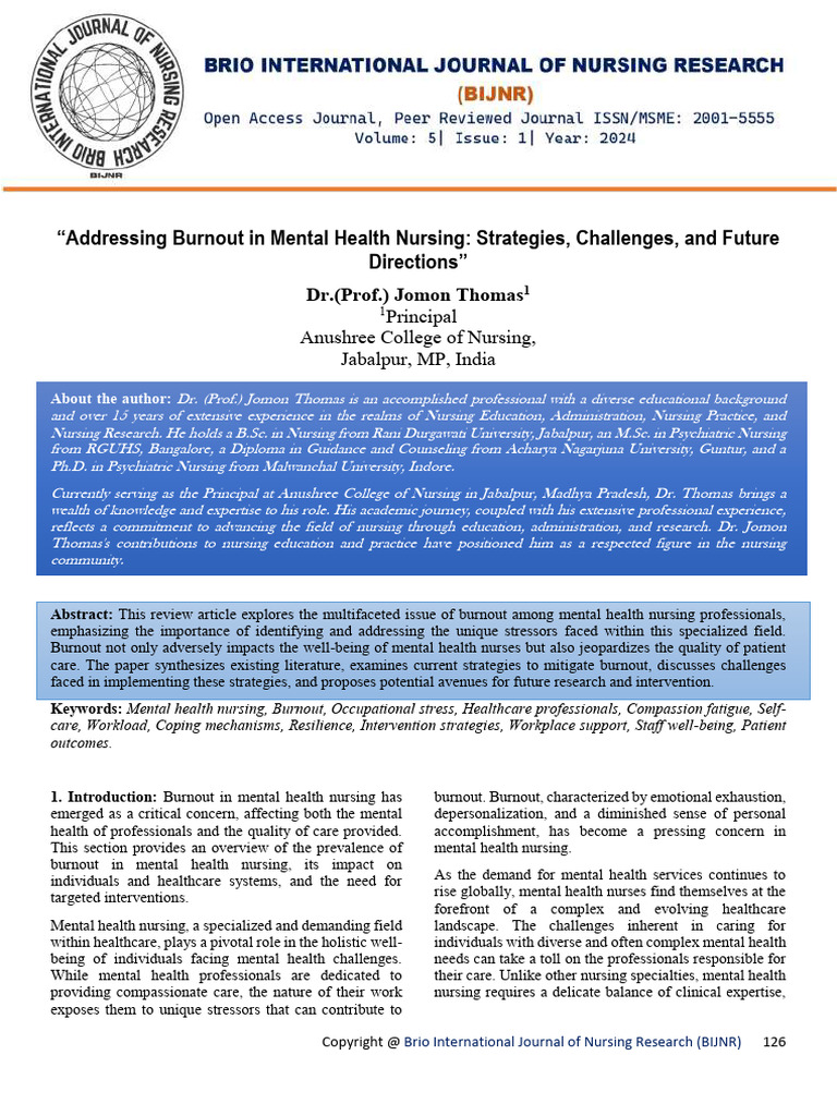 Addressing Burnout in Mental Health Nursing: Strategies, Challenges, and Future Directions | PDF