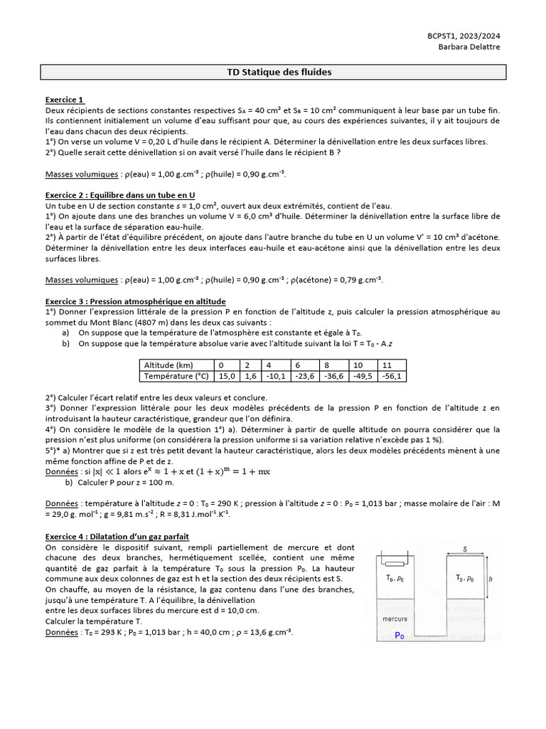TD Statique Fluides | PDF | Sciences et mathématiques