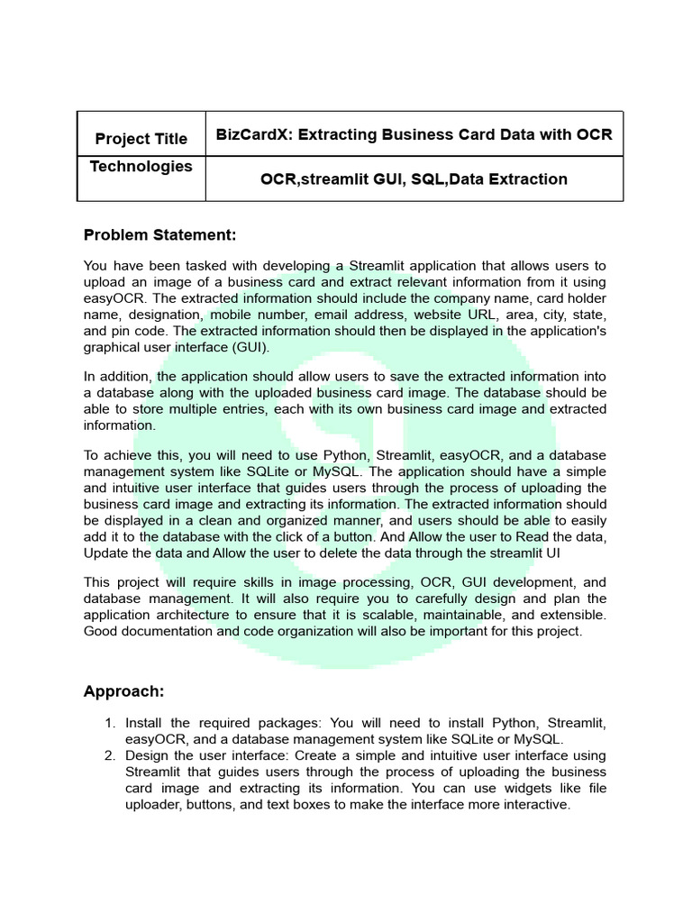 BizCardX - Extracting Business Card Data With OCR | PDF | Databases | Graphical User Interfaces