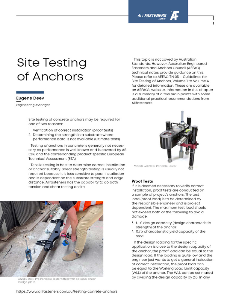 Site Testing of Concrete Anchors Allfasteners | PDF