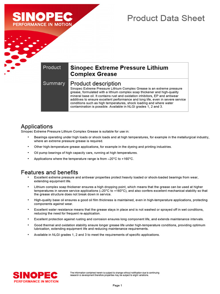 93 Sinopec Extreme Pressure Lithium Complex Grease | PDF | Materials | Physical Sciences