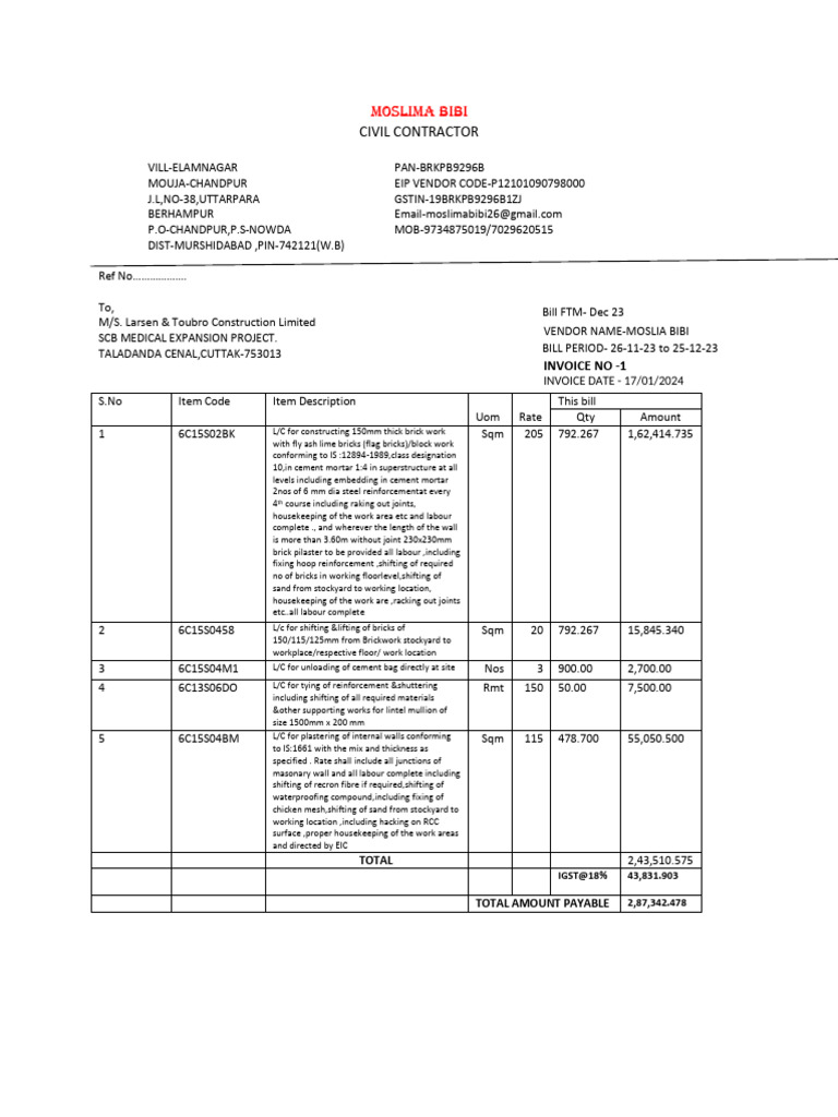 Moslima Bibi Invoice No-1 | PDF | Brick | Masonry