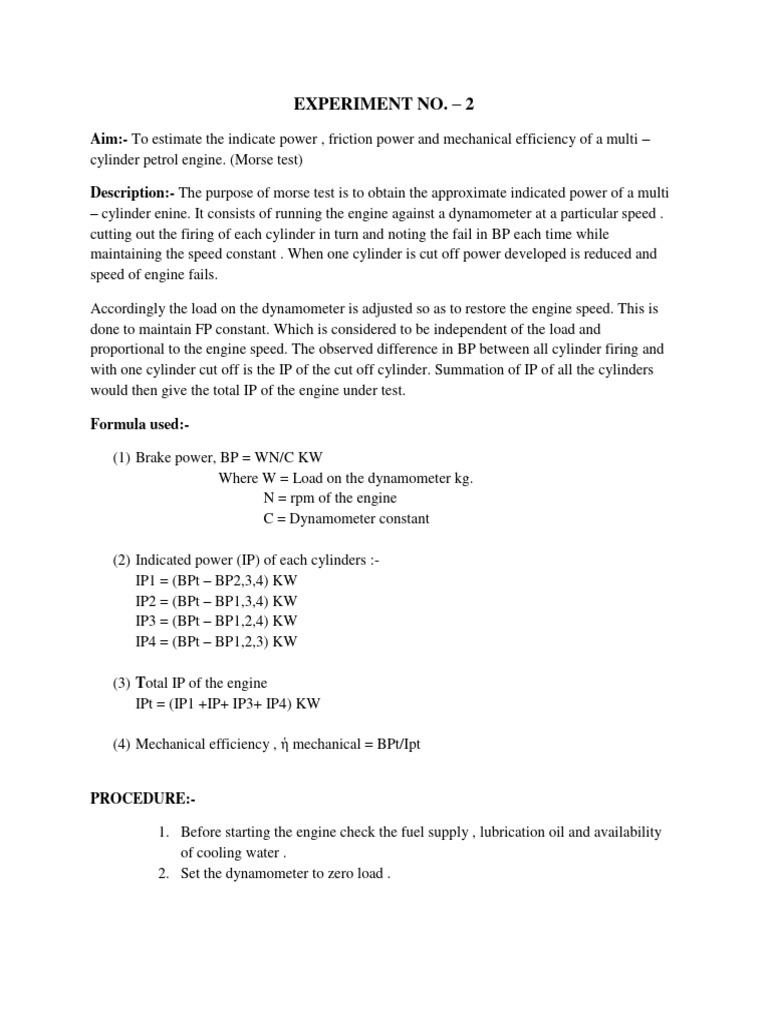 Experiment No. - 2: Aim:-To Estimate The Indicate Power, Friction Power and Mechanical ...