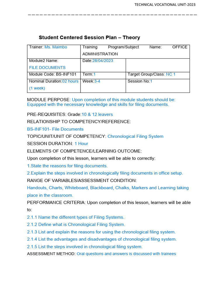 Theory and Practical Session Plans | PDF