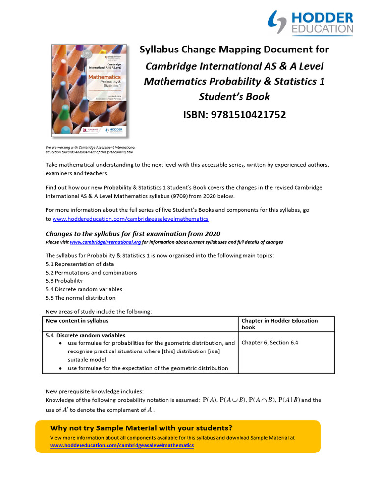 AL Maths Probability and Statistics 1 Syllabus Map Approved | PDF