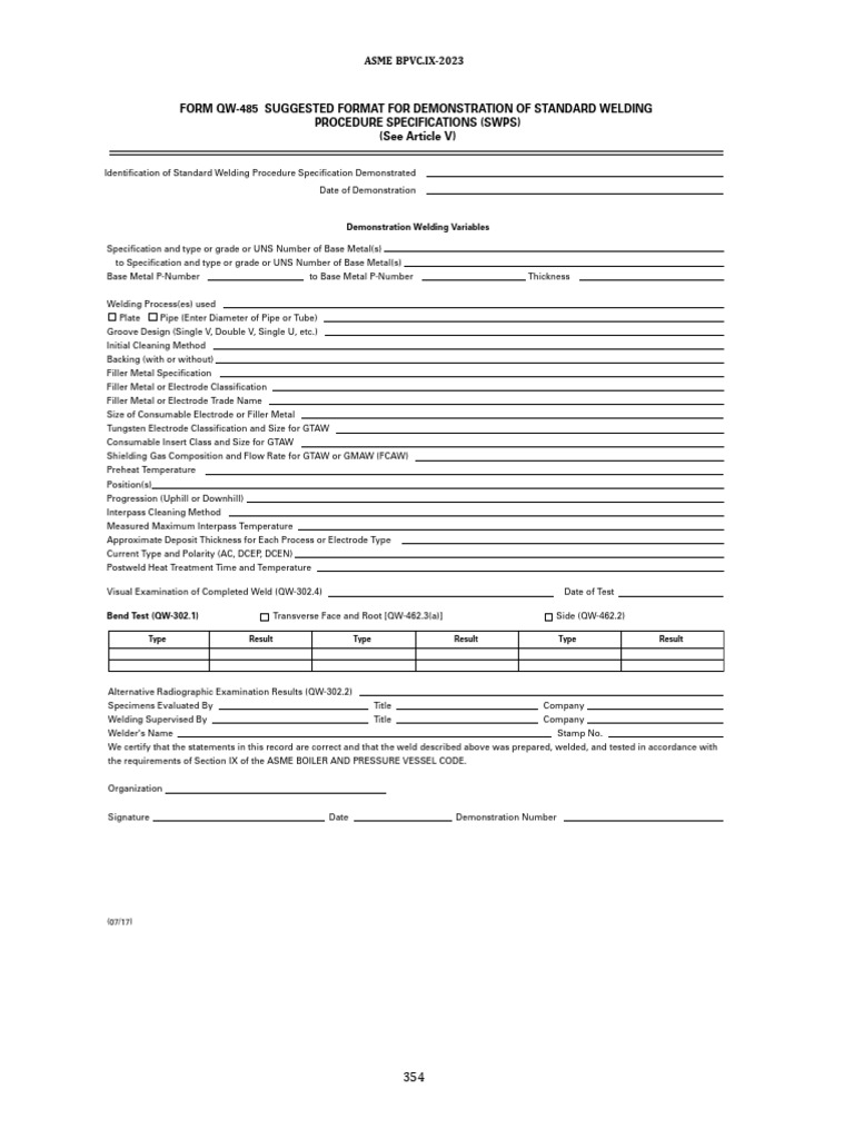 ASME BPVC Sec IX 2023 - Demonstration Form | PDF | Construction | Welding