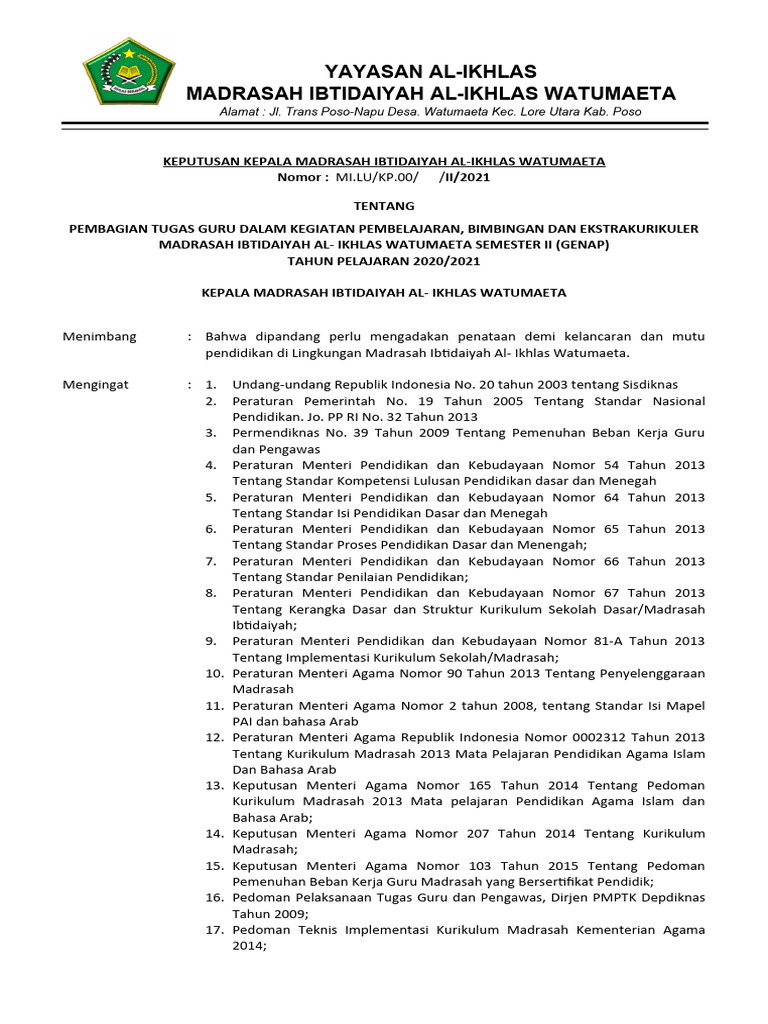 SK Pembagian Tugas 2021 Ganjil | PDF