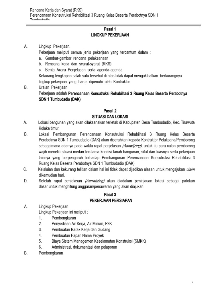 4 RKS - Rehabilitasi Ruang Kelas SD Negeri 1 | PDF