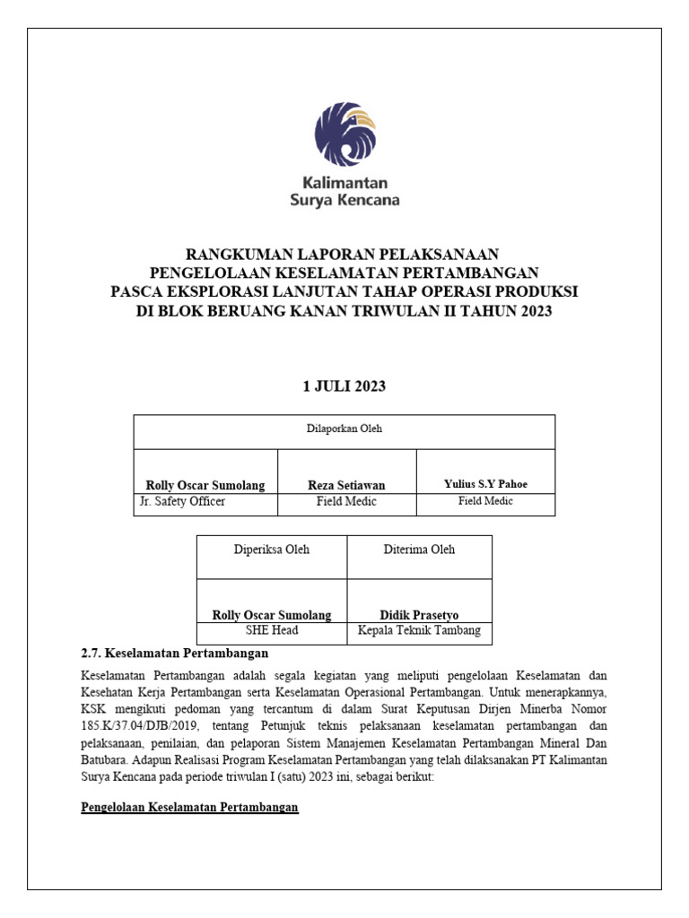 2_KSK RKAB Triwulan II 2023_2.7. Keselamatan Pertambangan | PDF