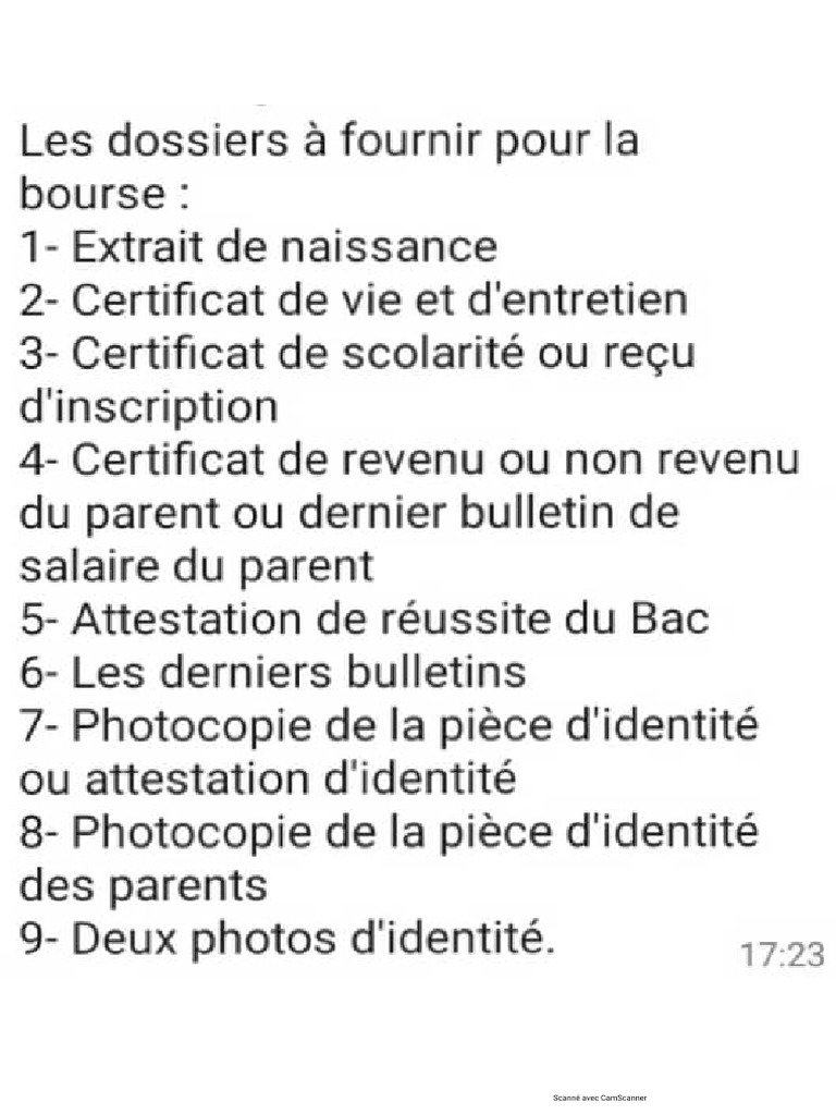 Liste des dossiers à fournir pour la Bourse | PDF
