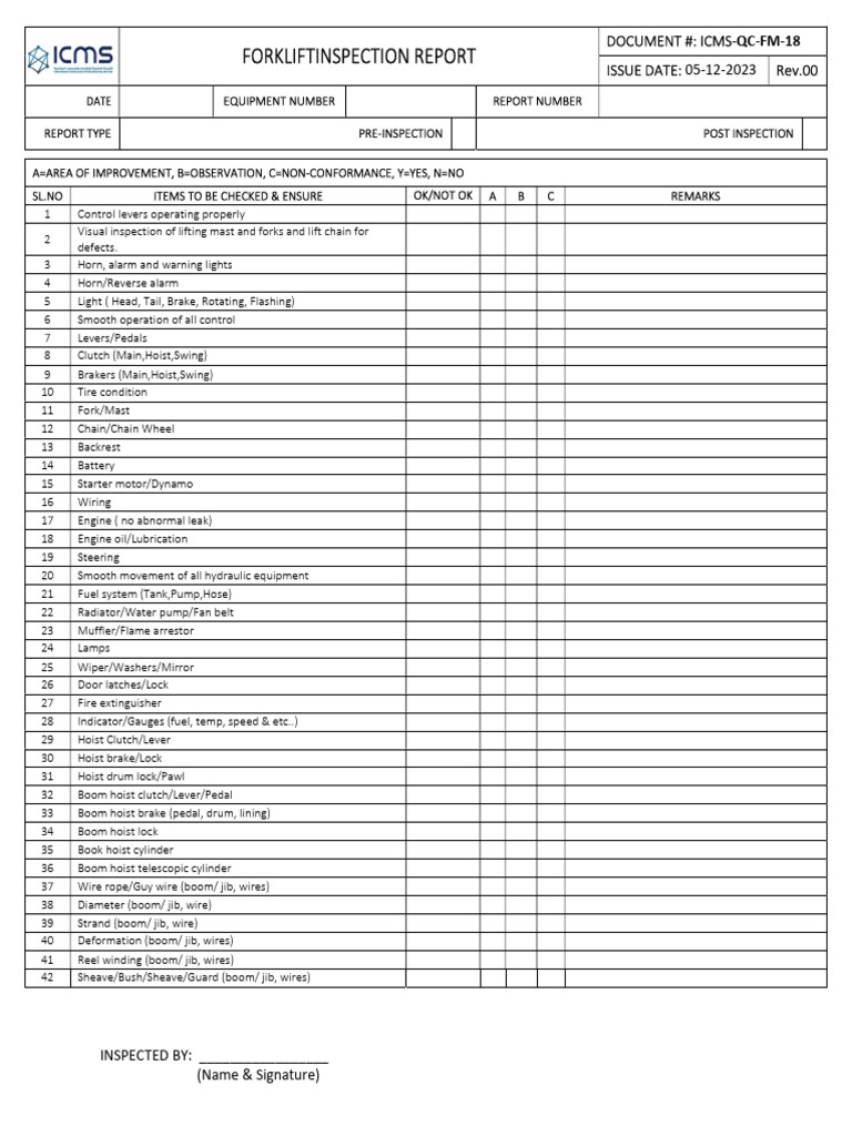 Icms Qc Fm 18 Forklift Inspection Report | PDF