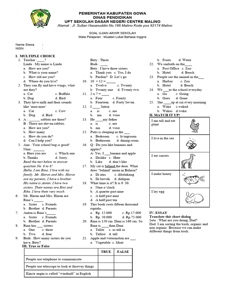 Contoh Soal Ulangan Bahasa Inggris SD | PDF