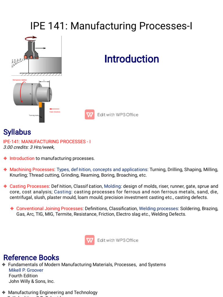 IPE 141 - Manufacturing Processes - I - Introduction-1 | PDF