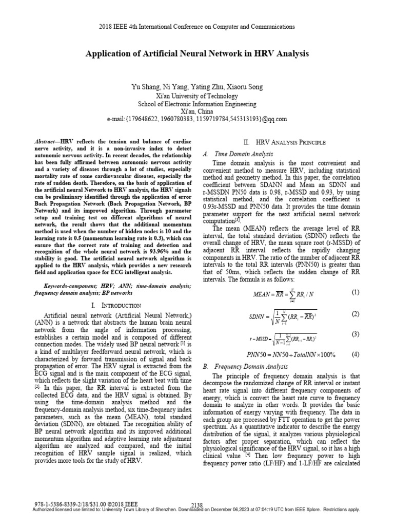 Application of Artificial Neural Network in HRV Analysis | PDF