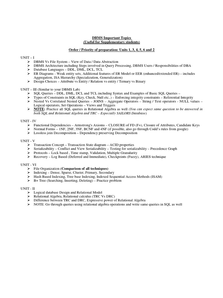 DBMS Important Topics | PDF | Relational Database | Databases
