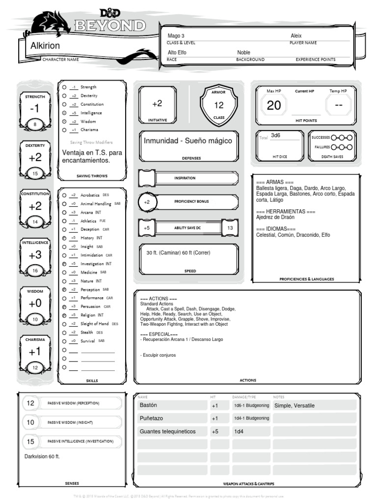 Ficha de Personaje: Mago Alto Elfo D&D | PDF | Leyendas sobrenaturales ...