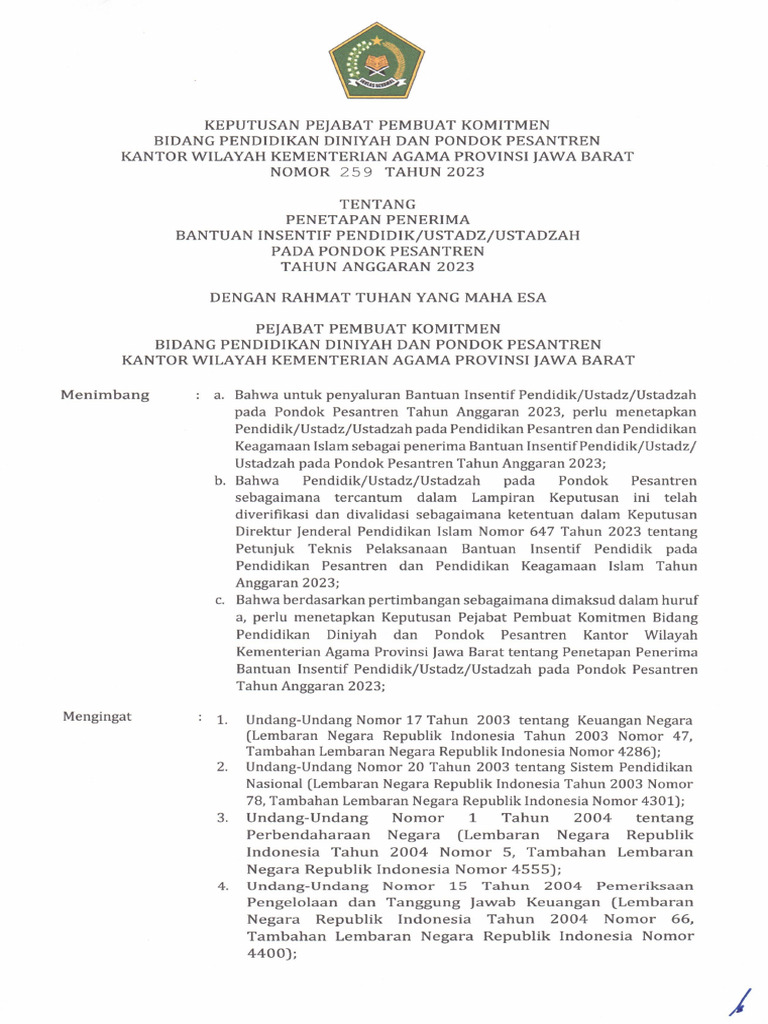 259 - SK Insentif Pondok Pesantren | PDF