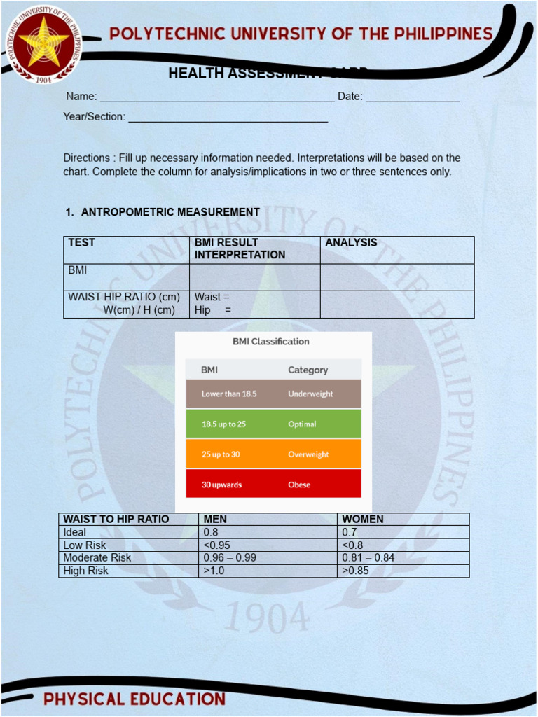 Health Assessment Card: 1. Antropometric Measurement | Download Free PDF | Body Mass Index | Waist