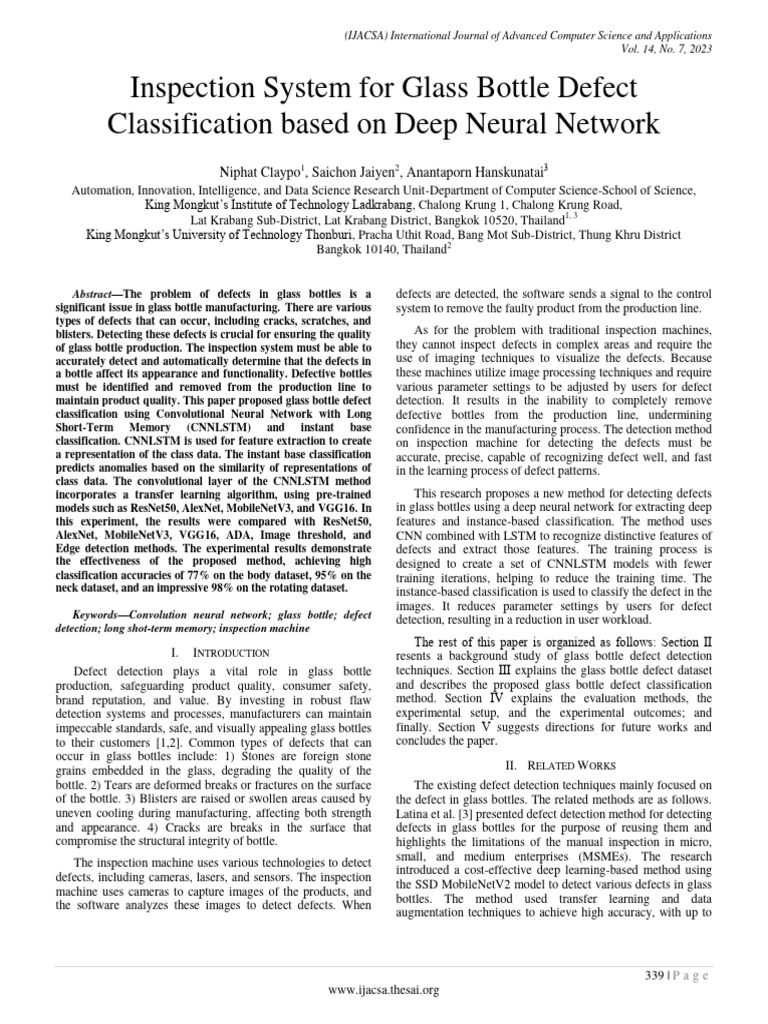 Paper 38 Inspection System For Glass Bottle Defect Classification Pdf
