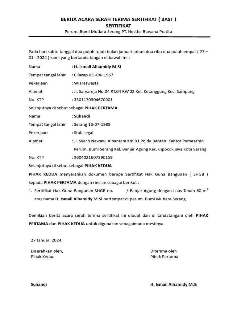 Berita Acara Serah Terima Sertifikat | PDF