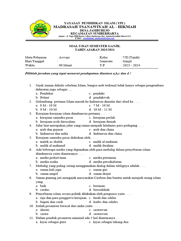 Soal Aswaja Kelas 7 & 8 9 Mts Alhikmah JBR 2023 | PDF | Kajian Bahasa Asing