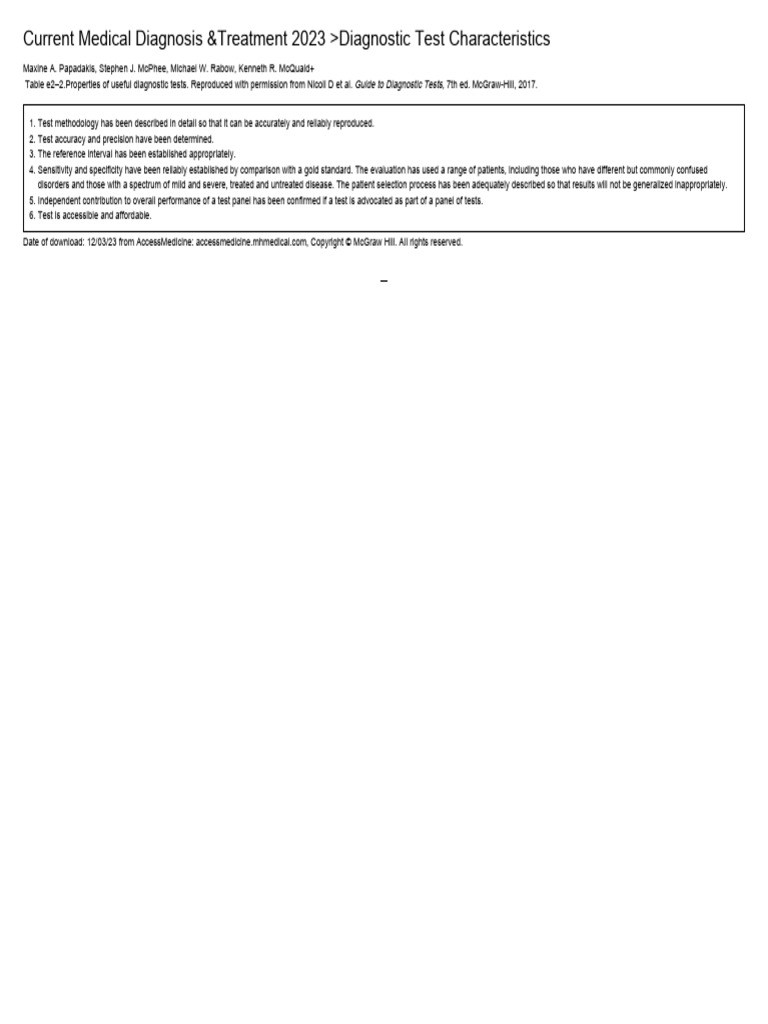 Table E2-2 - Properties of Useful Diagnostic Tests Reproduce | PDF ...