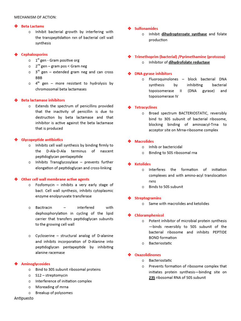 Mechanism of Action Only Antibiotics | PDF