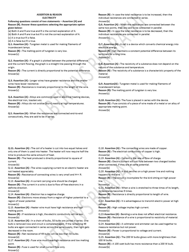 Phy 10 Assertion and Reason | PDF | Electrical Resistance And Conductance | Incandescent Light Bulb
