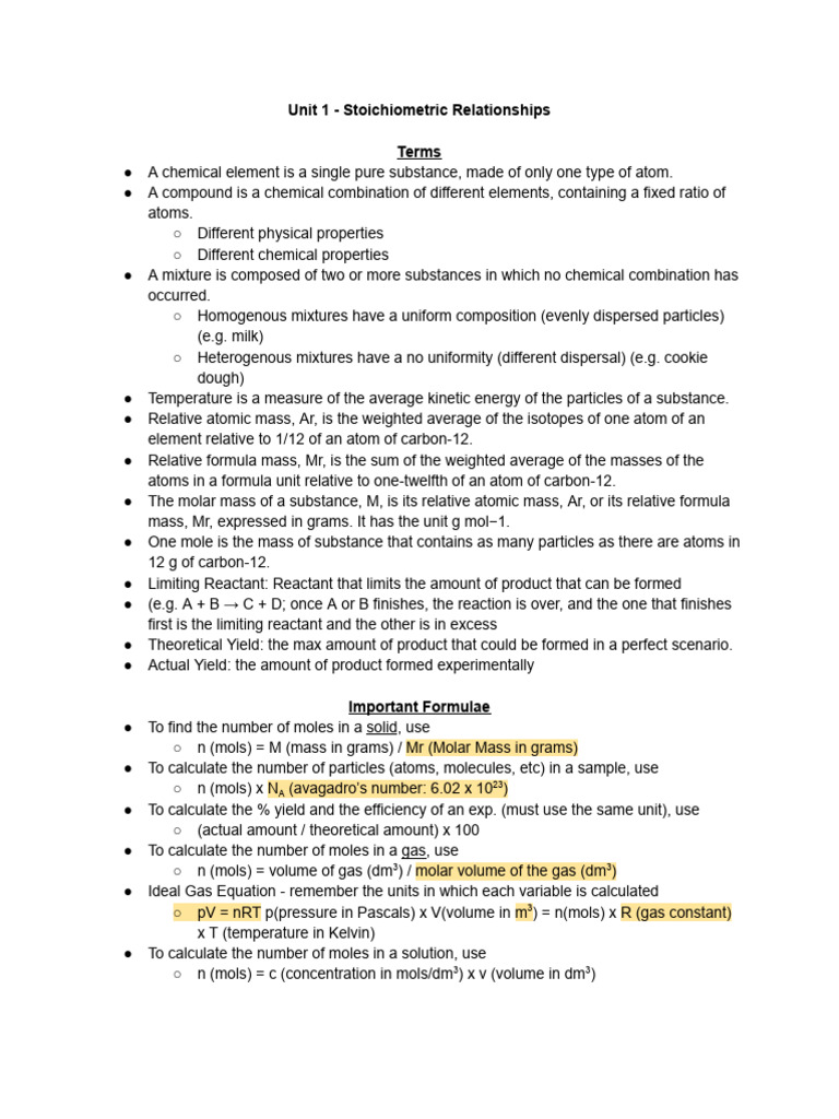Unit 1 - Stoichiometric Relationships Study Guide | PDF | Mole (Unit ...