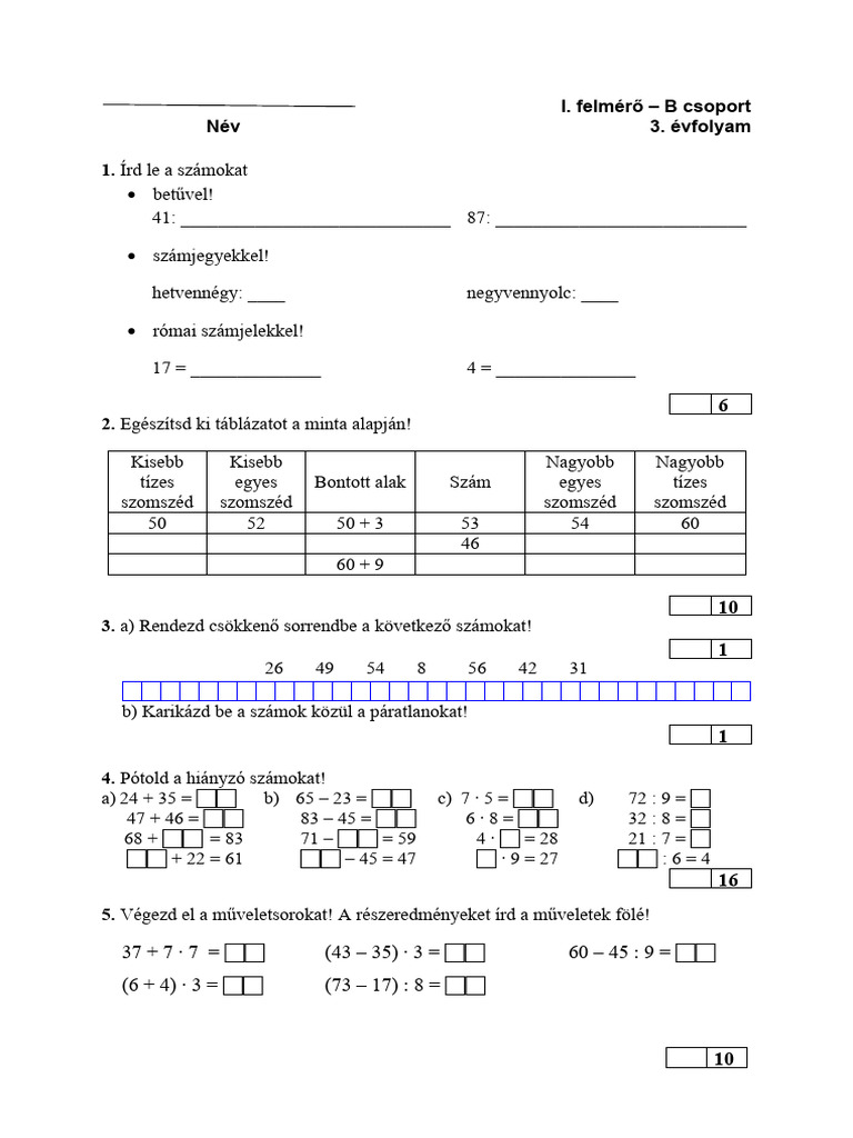 Matematika 3 - Év Eleji Felmérés B (Témazáró) | PDF