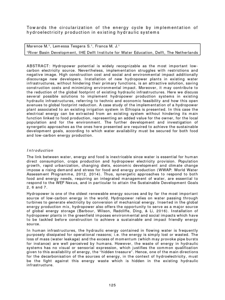 Towards Circularization of Energy Cycle by Implementation OF Hydroelectricity in Existing ...