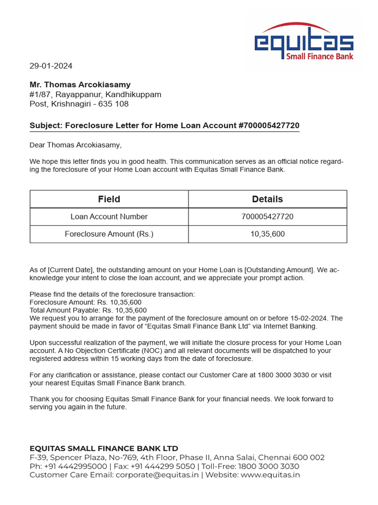 Equitas Foreclosure Letter | PDF | Business | Law
