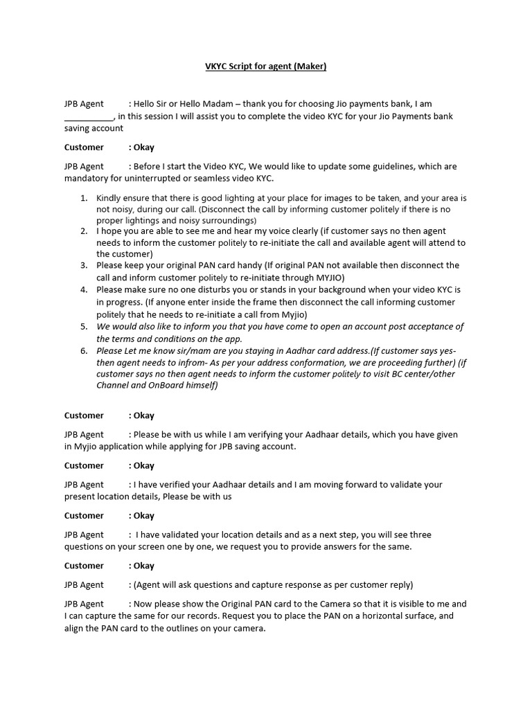 VKYC Script For Agent Final V1.3 | PDF